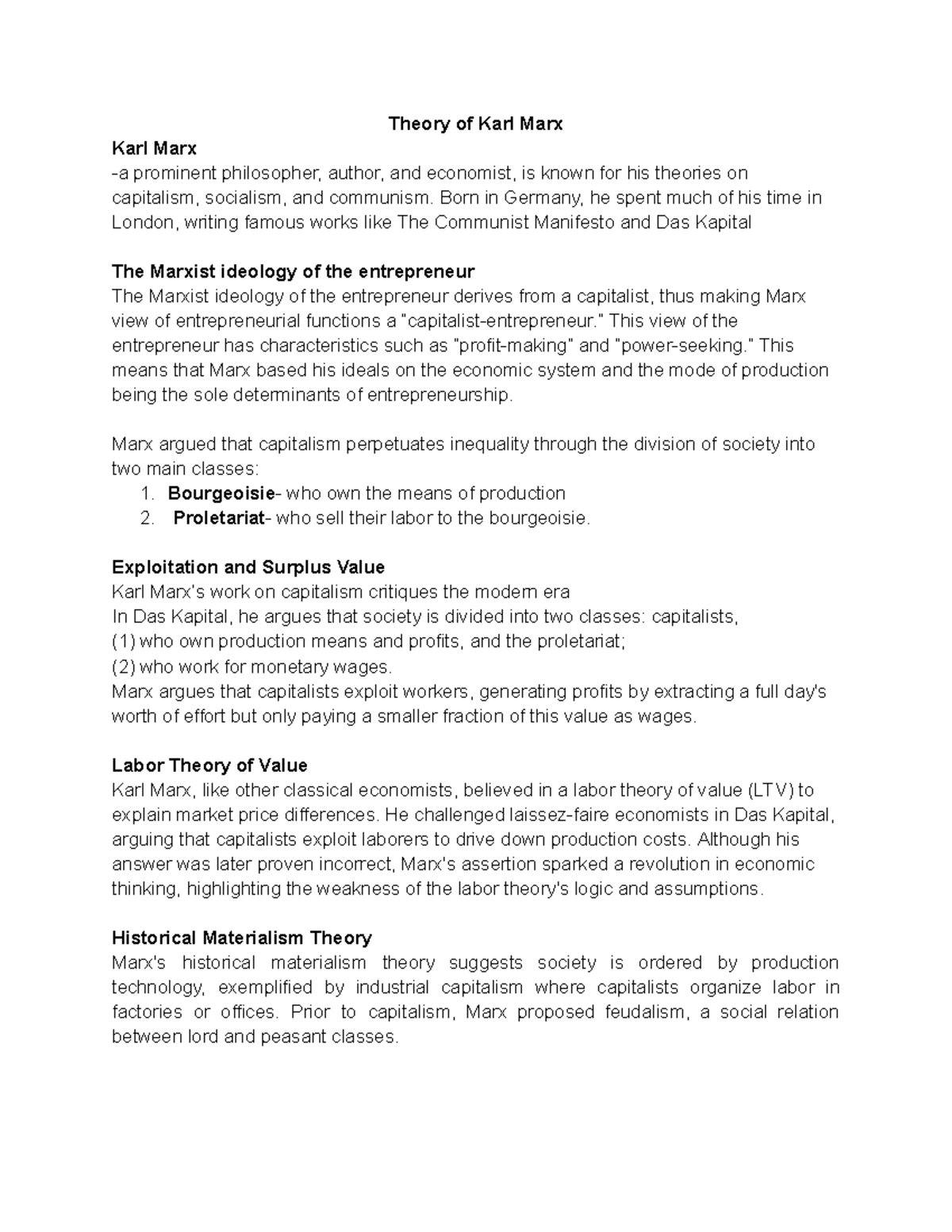 Transcript- Entrep-1 - Theory of Karl Marx Karl Marx -a prominent philosopher, author, and - Studocu