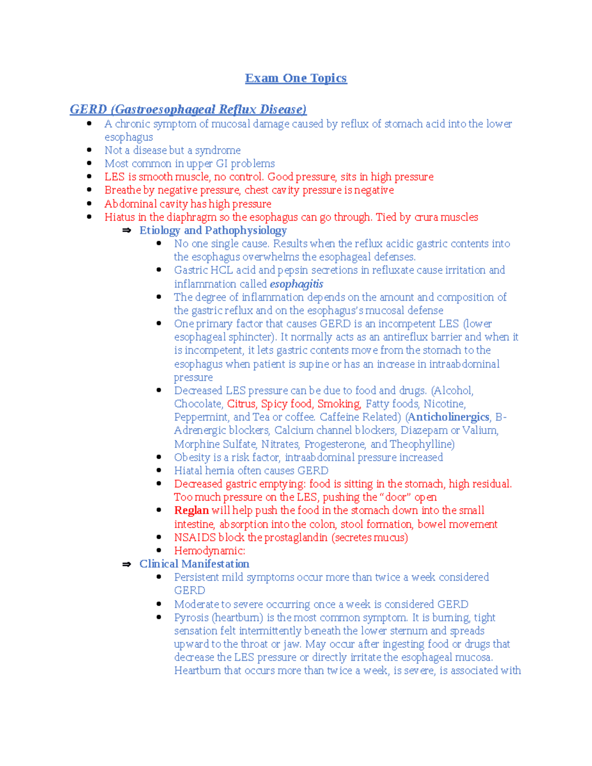 Exam One Topics - GI/GU - Upper Gastrointestinal Exam 1 - Exam One ...