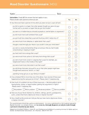 Mood Disorder Questionnaire - Please answer each question as best you ...