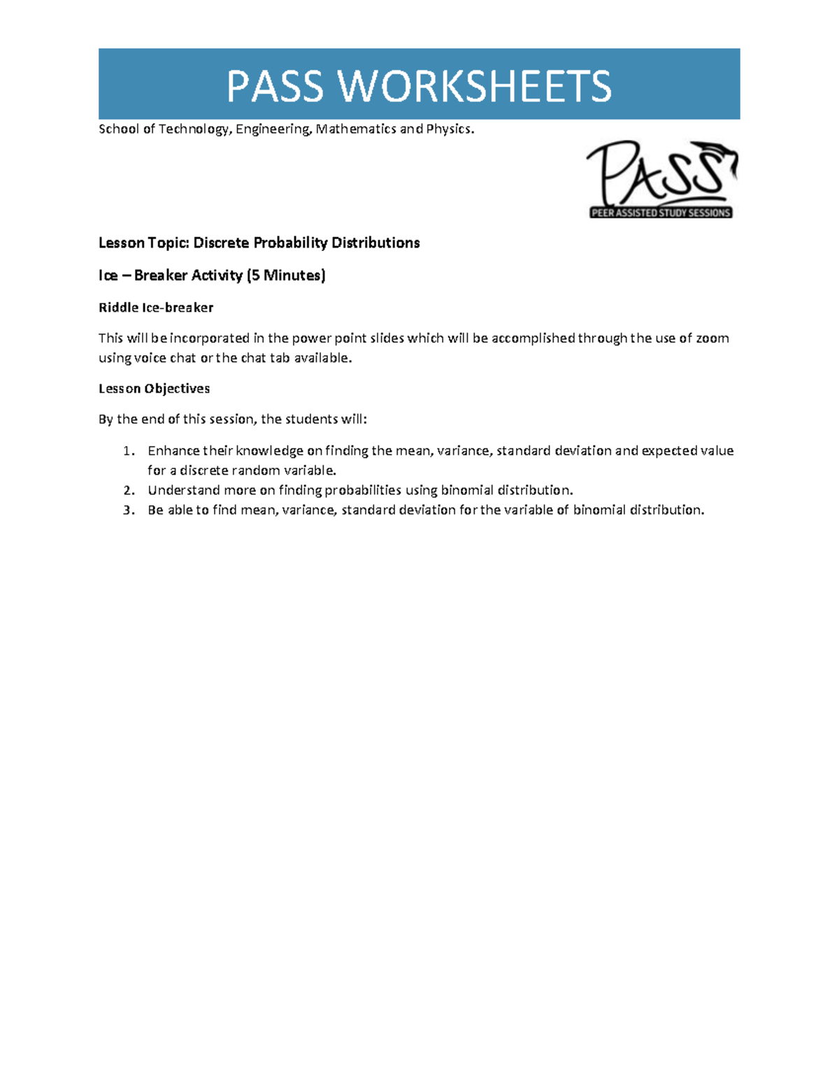 WK 7 ST130 Discrete Probability Distributions Worksheet - Basic ...