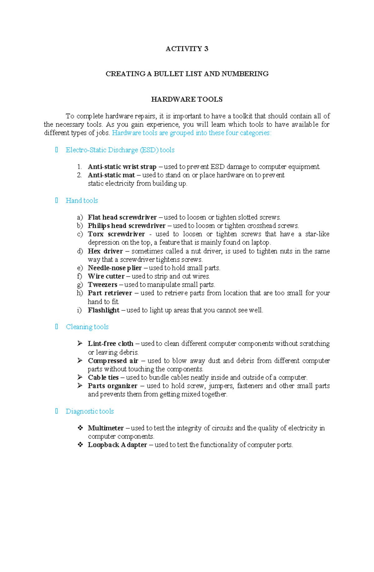 Activity 3 - Bullet LIST and Numbering - ACTIVITY 3 CREATING A BULLET ...