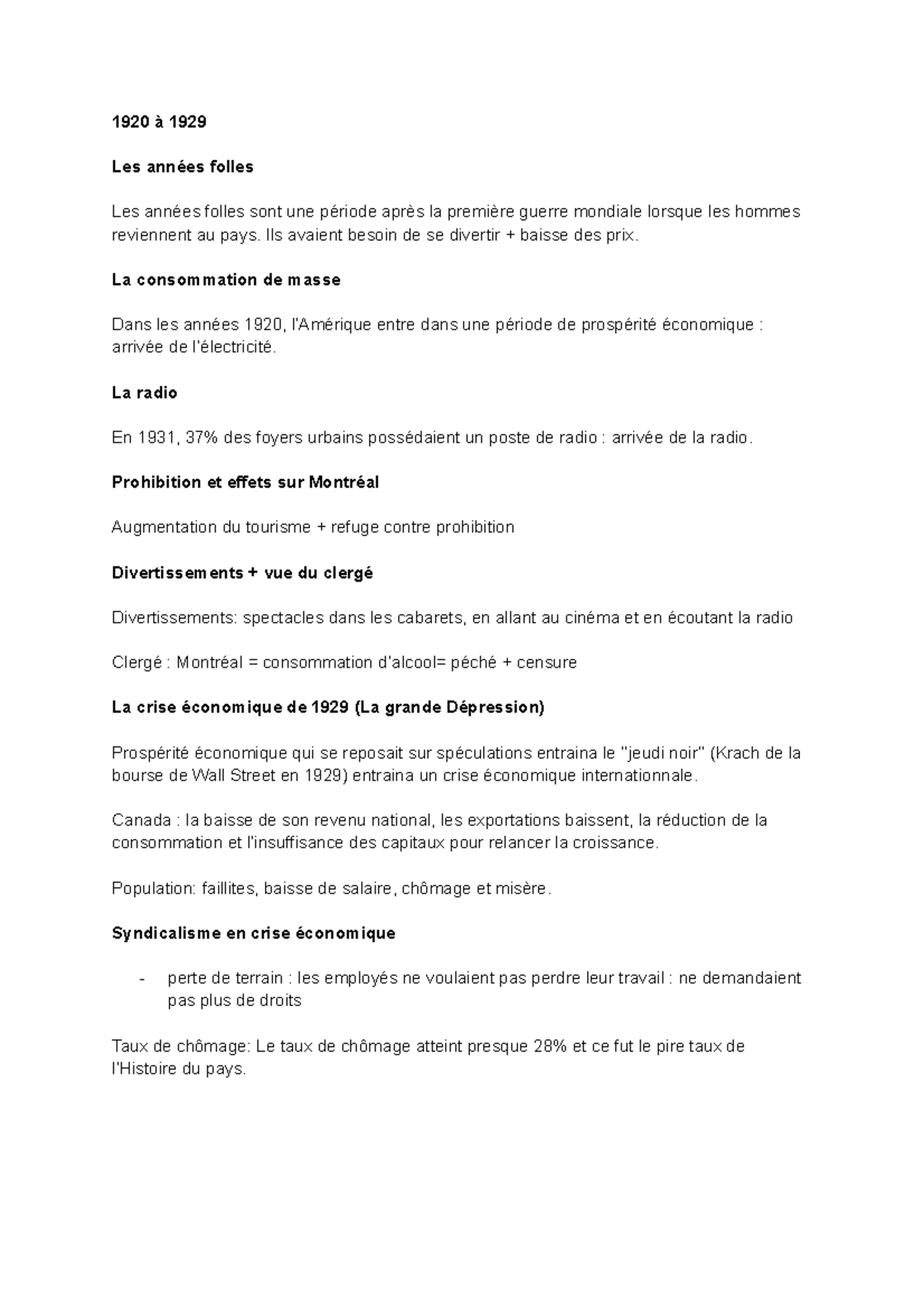 Document de révision histoire - 1920 à 1929 Les années folles Les ...