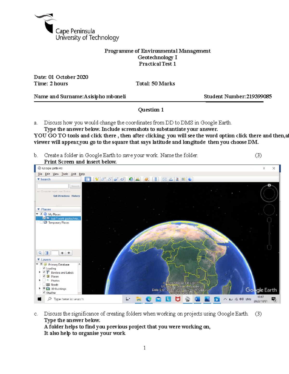 Test 1 google earth - Lecture notes 1,2,3 - EVM150X - CPUT - Studocu