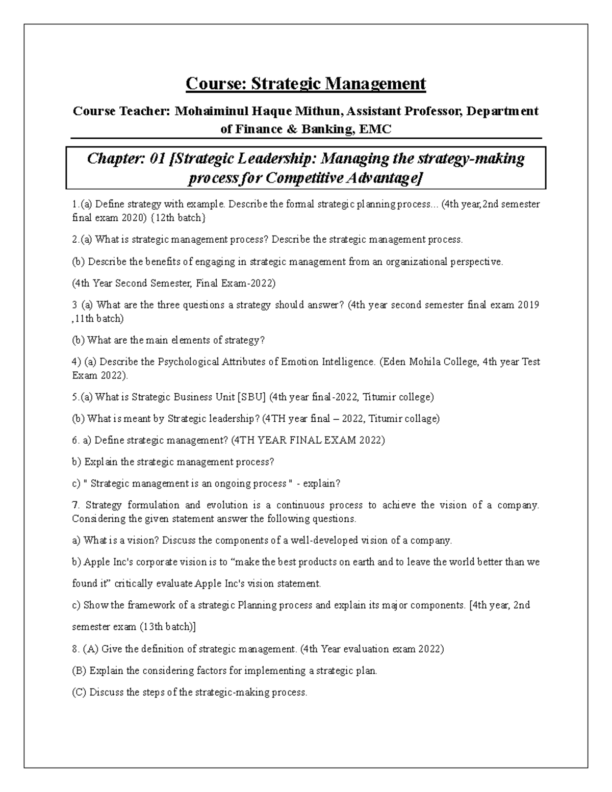Strategic Management [Compiled Question Bank] - Course: Strategic ...