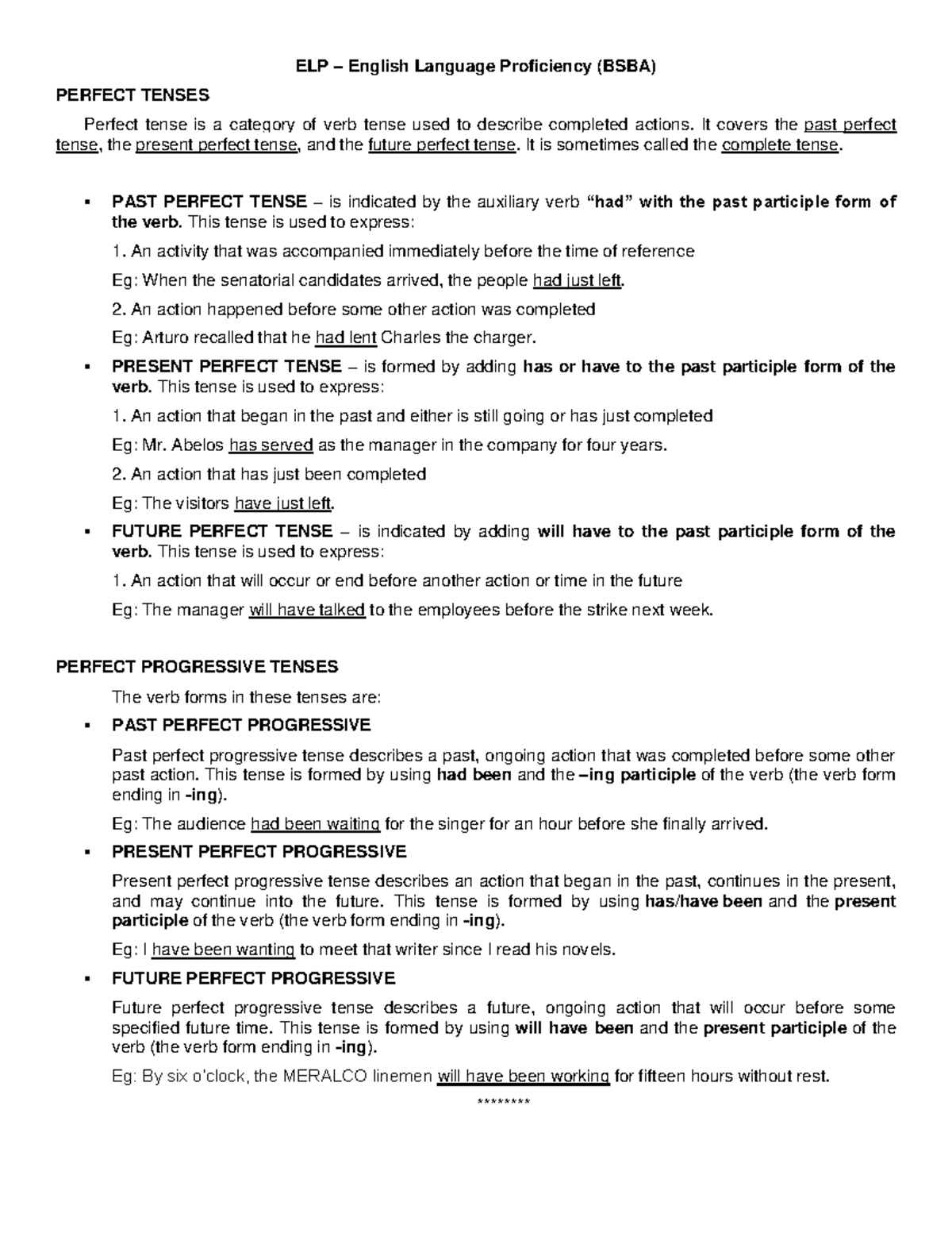 ELP - Perfect and Perfect Progressive Tenses of Verbs - ELP – English ...