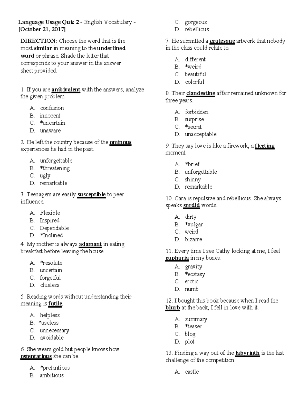 Langua - Language Usage Quiz 2 - English Vocabulary - [October 21, 2017 ...