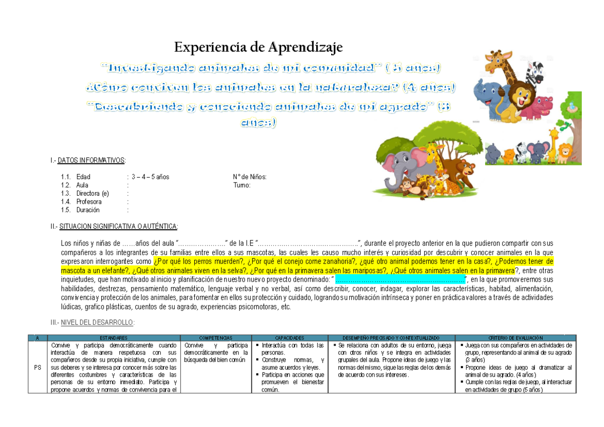 Proyecto de los animales - Experiencia de Aprendizaje “Investigando animales de mi comunidad ...