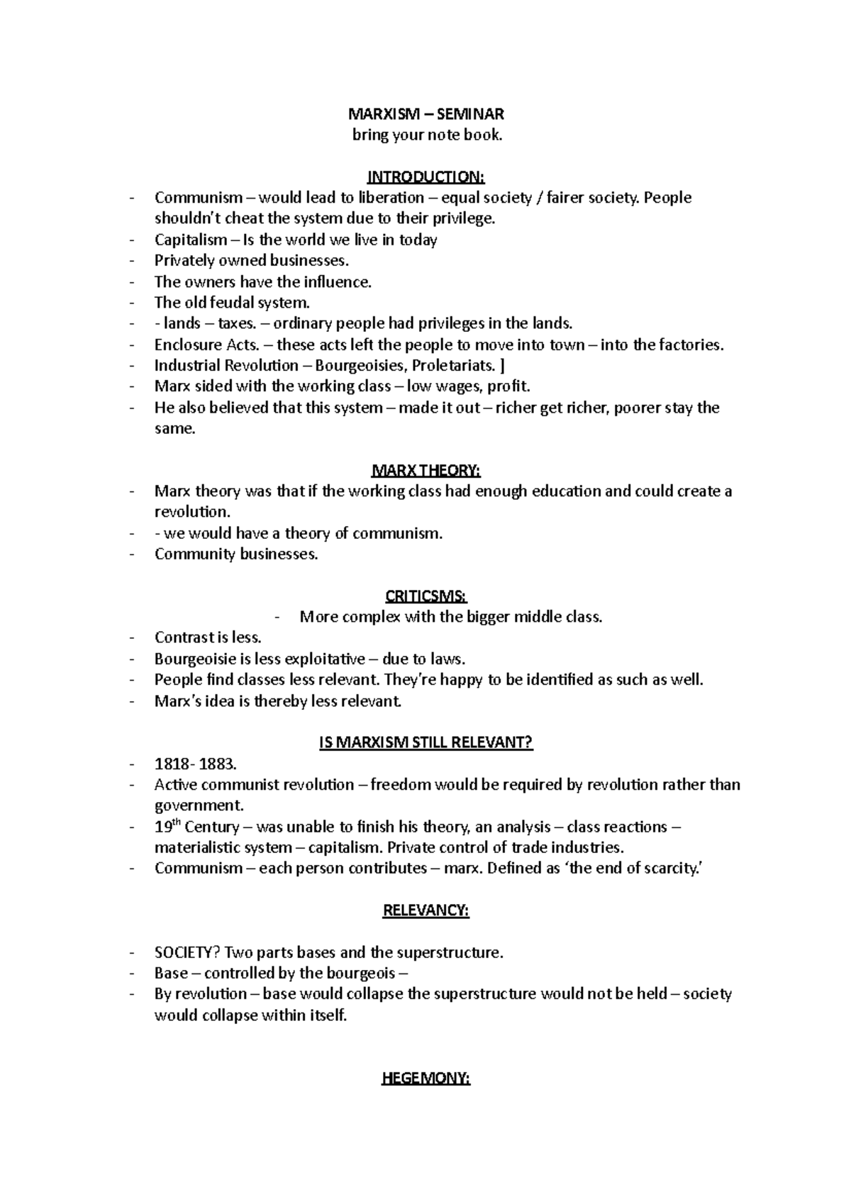 Marxism – Seminar - MARXISM – SEMINAR bring your note book ...