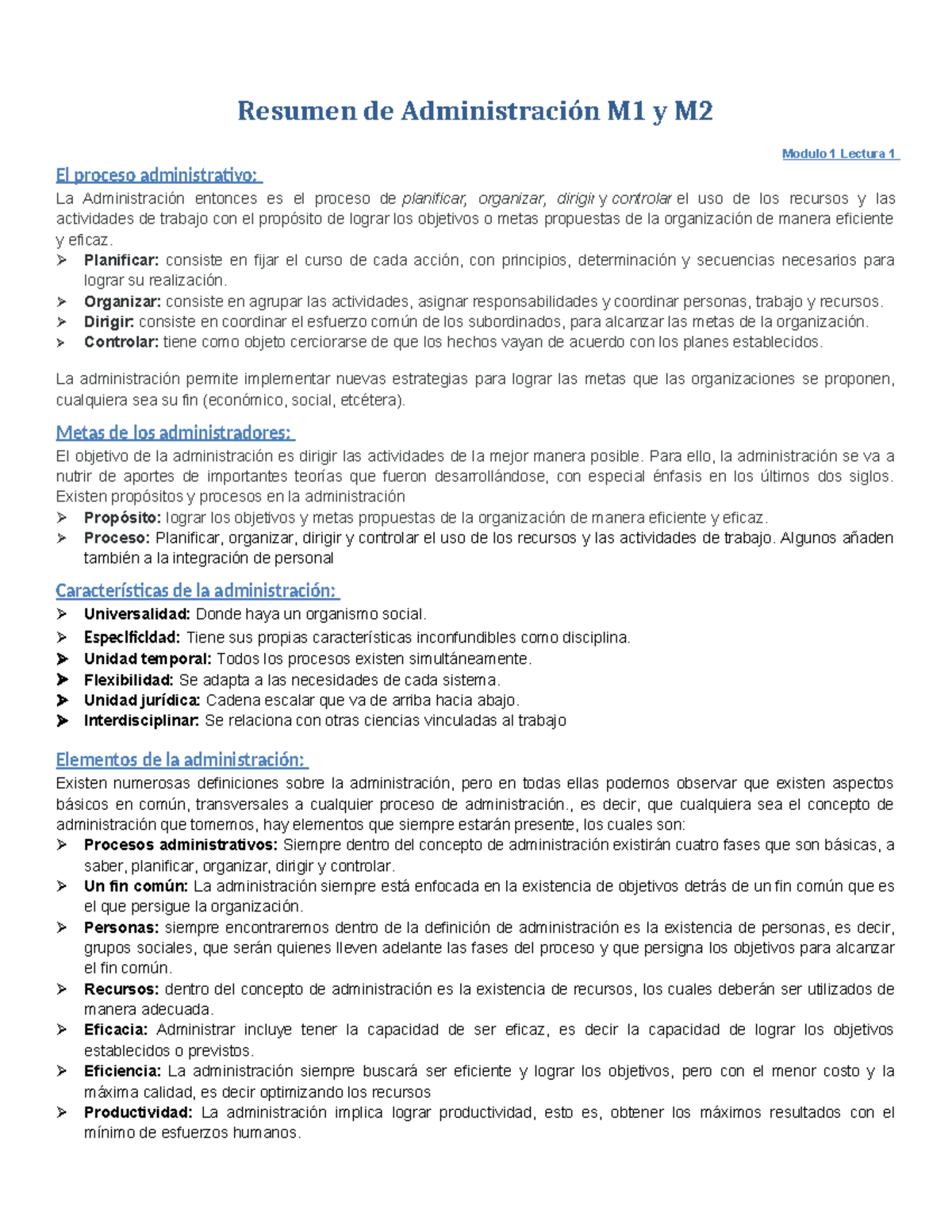 Resumen de Administración M1 y M2 - Resumen de Administración M1 y M Modulo 1 Lectura 1 El ...