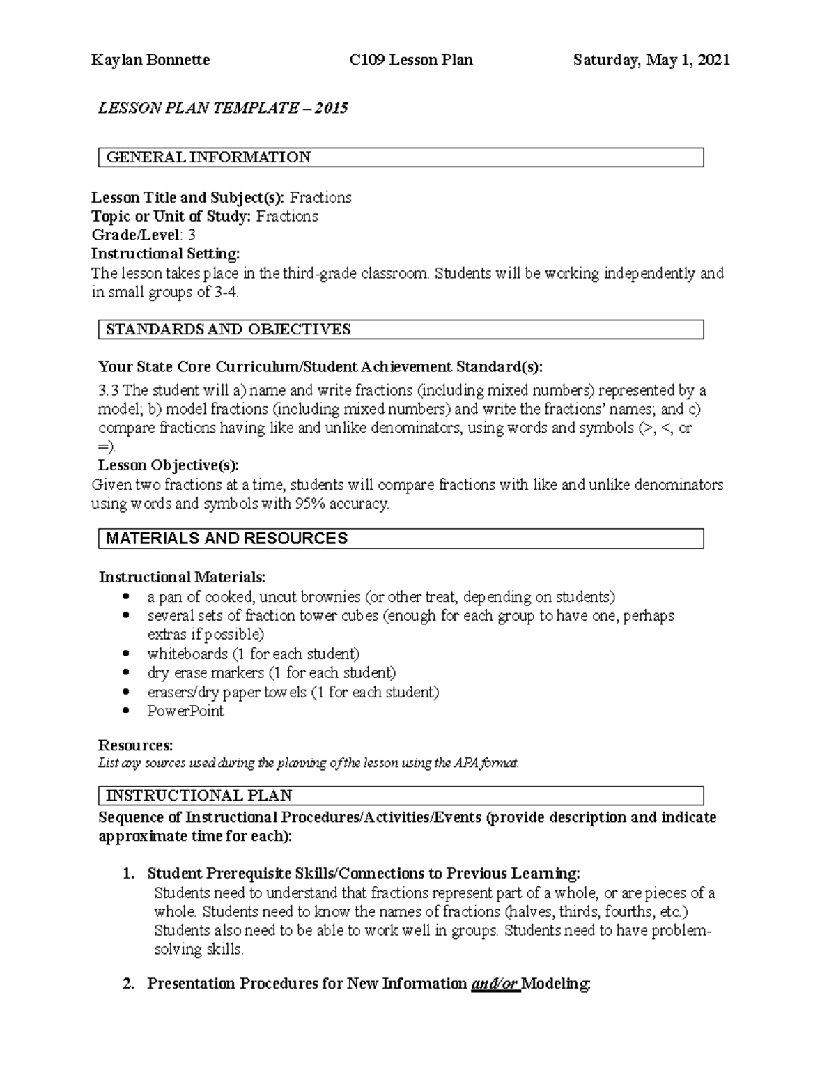 Actually Lesson Plan for Task 1 - Kaylan Bonnette C109 Lesson Plan ...