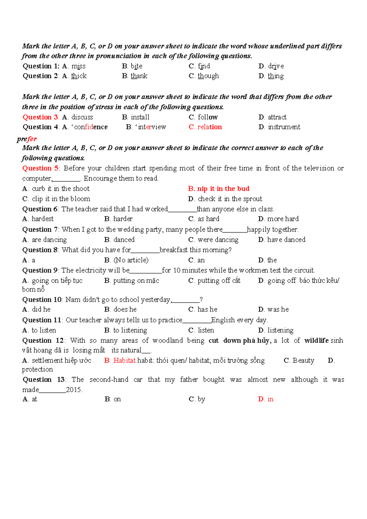Đề 01 - ABCD - Mark the letter A, B, C, or D on your answer sheet to ...