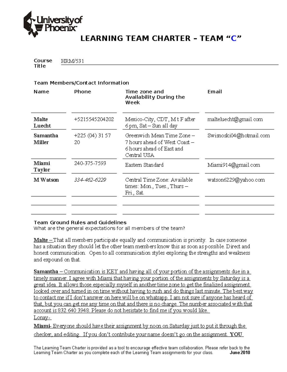 Team C Charter - LEARNING TEAM CHARTER – TEAM “C” Course Title HRM ...