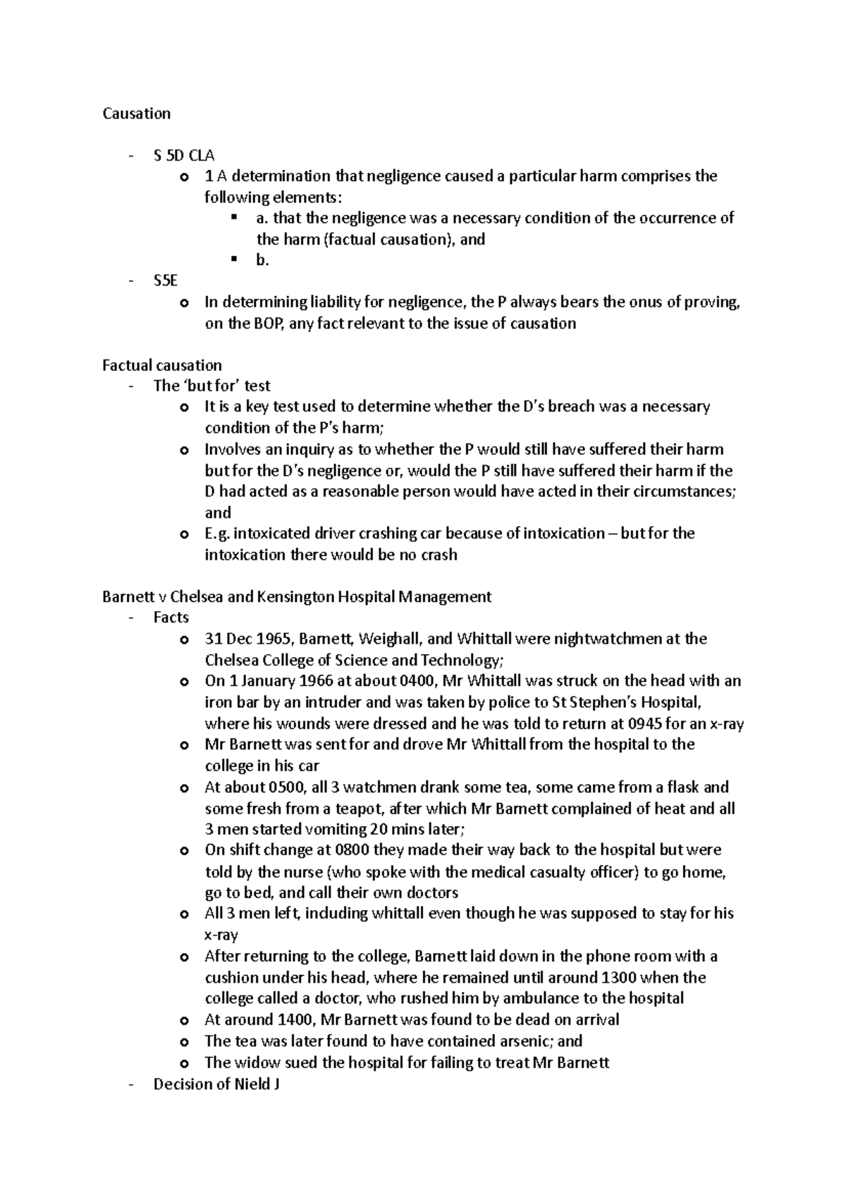 Torts B - Week 8 notes - Causation - S 5D CLA o 1 A determination that ...