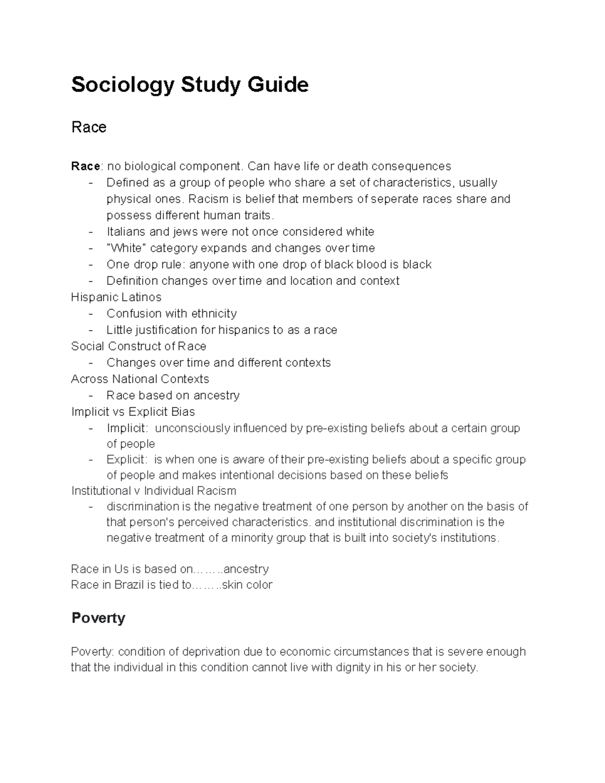 Sociology Pt 1 - Sociology Study Guide Race Race: no biological ...