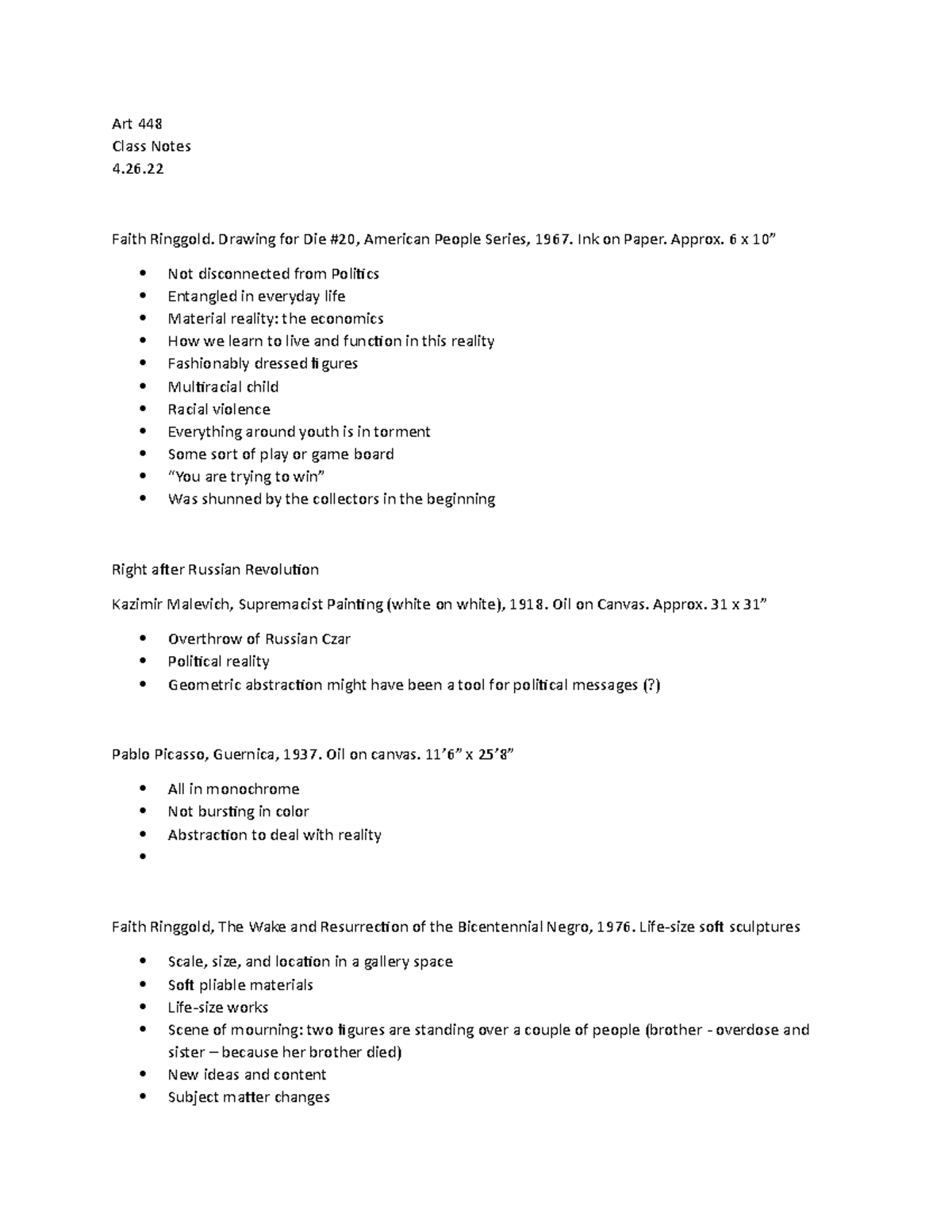 Art 448 Class Notes 4 - Faith Ringgold. Drawing for Die #20, American ...