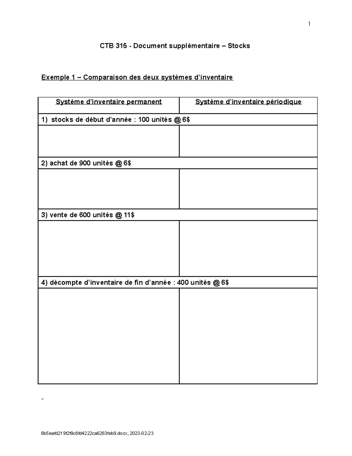 S3 - Exemples Stocks E22 Étudiants (1) - CTB 315 - Document supplémentaire – Stocks Exemple 1 ...