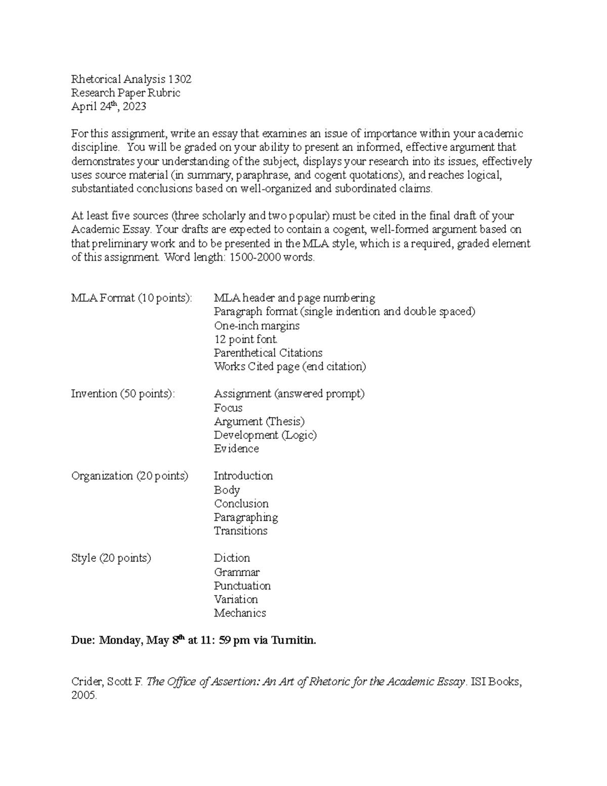 Research Paper Rubric - RHET 1302: Rhetoric, Professor Hossana Alem ...