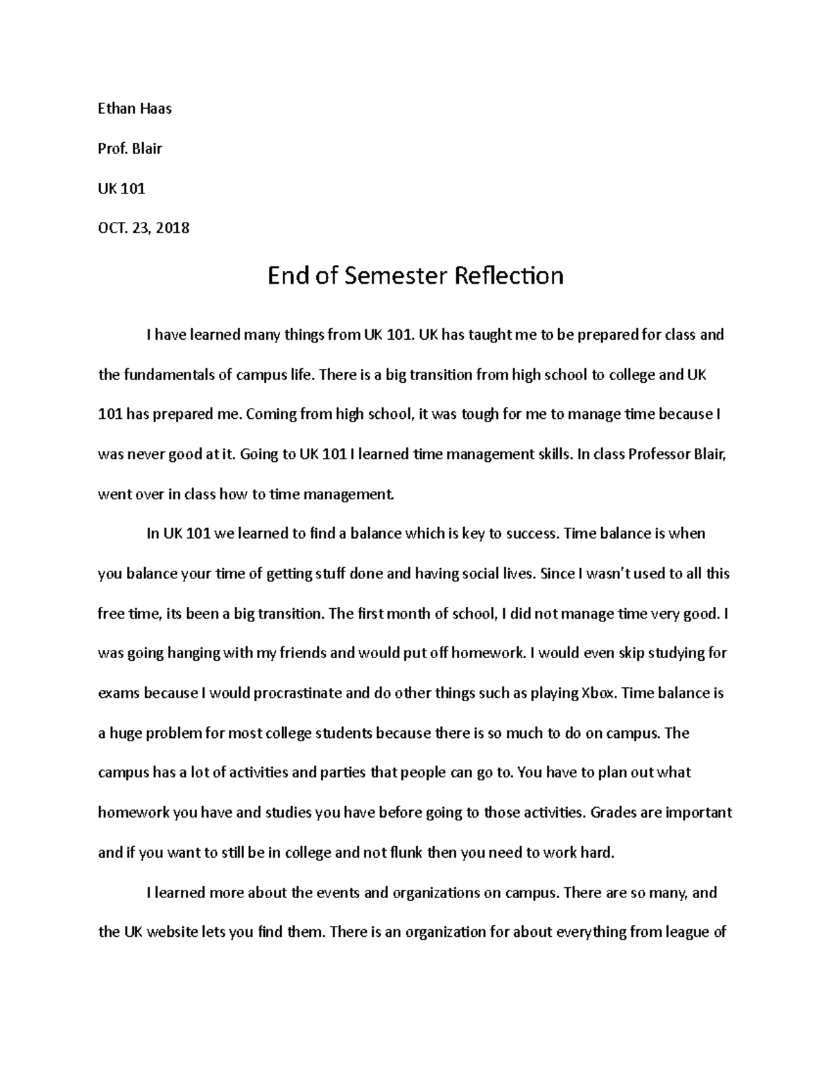 UK 101 - End of Semester Reflection - Ethan Haas Prof. Blair UK 101 OCT ...