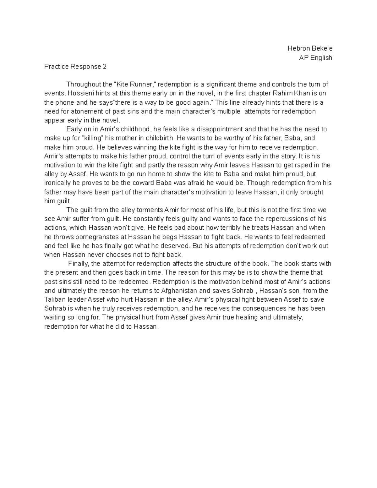 Book Paper Kite Runner - Hebron Bekele AP English Practice Response 2 ...