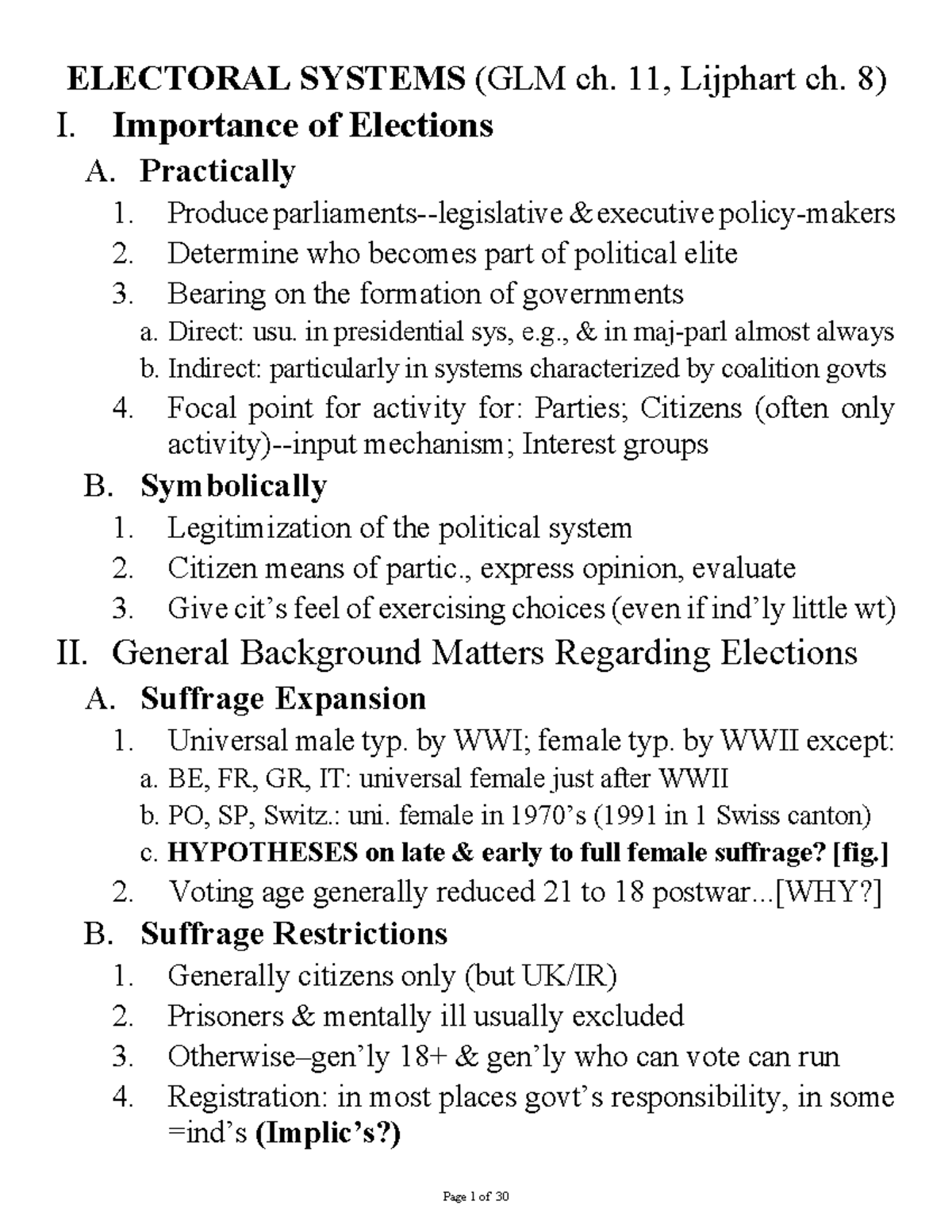 Lecture Notes - Proseminar in Comparative Politics - PS 641 - ELECTORAL ...