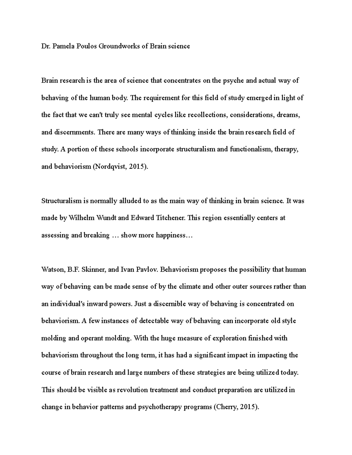 Dr - Assigments - Dr. Pamela Poulos Groundworks of Brain science Brain ...