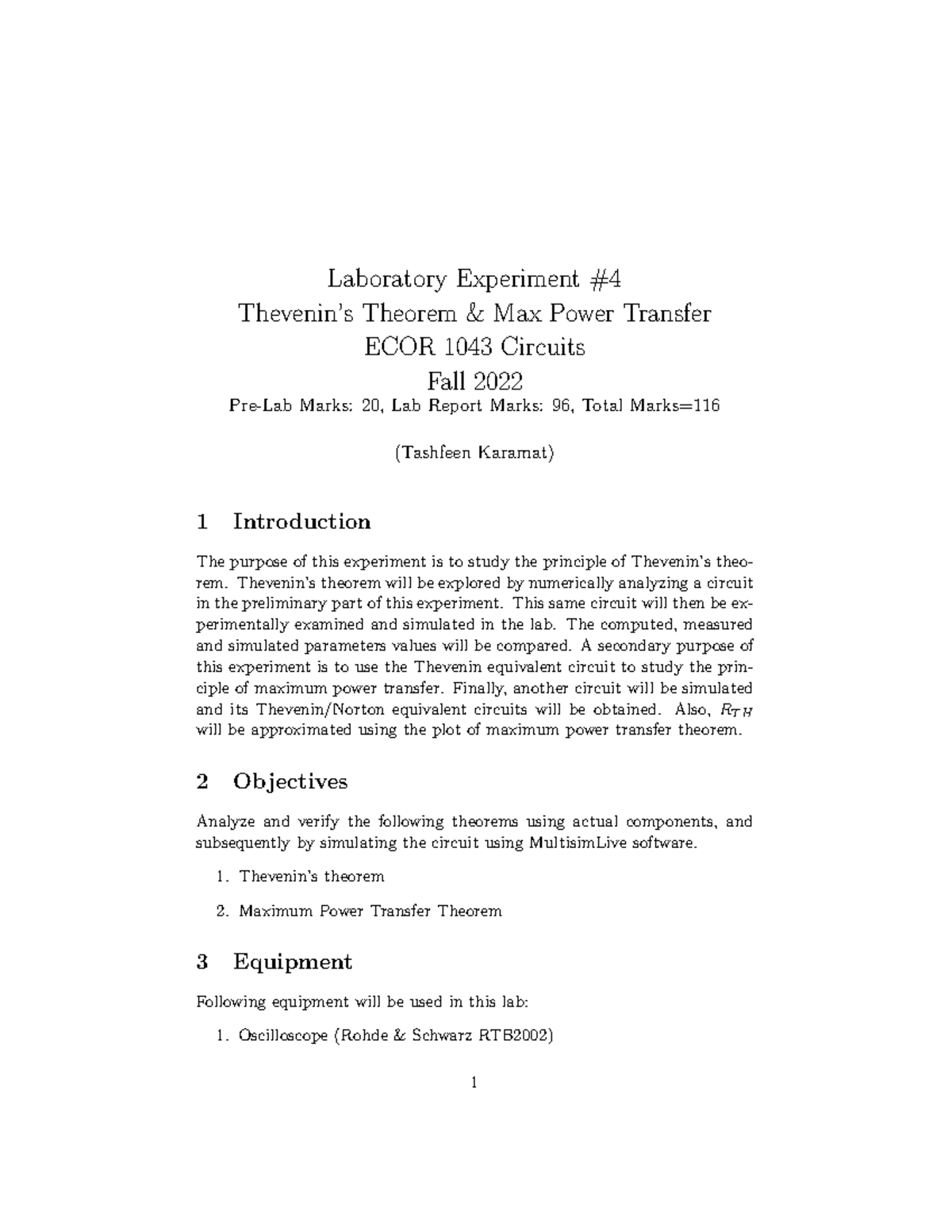 Lab 4 1043 F22 - Lab instructions - Laboratory Experiment Thevenin’s Theorem & Max Power - Studocu