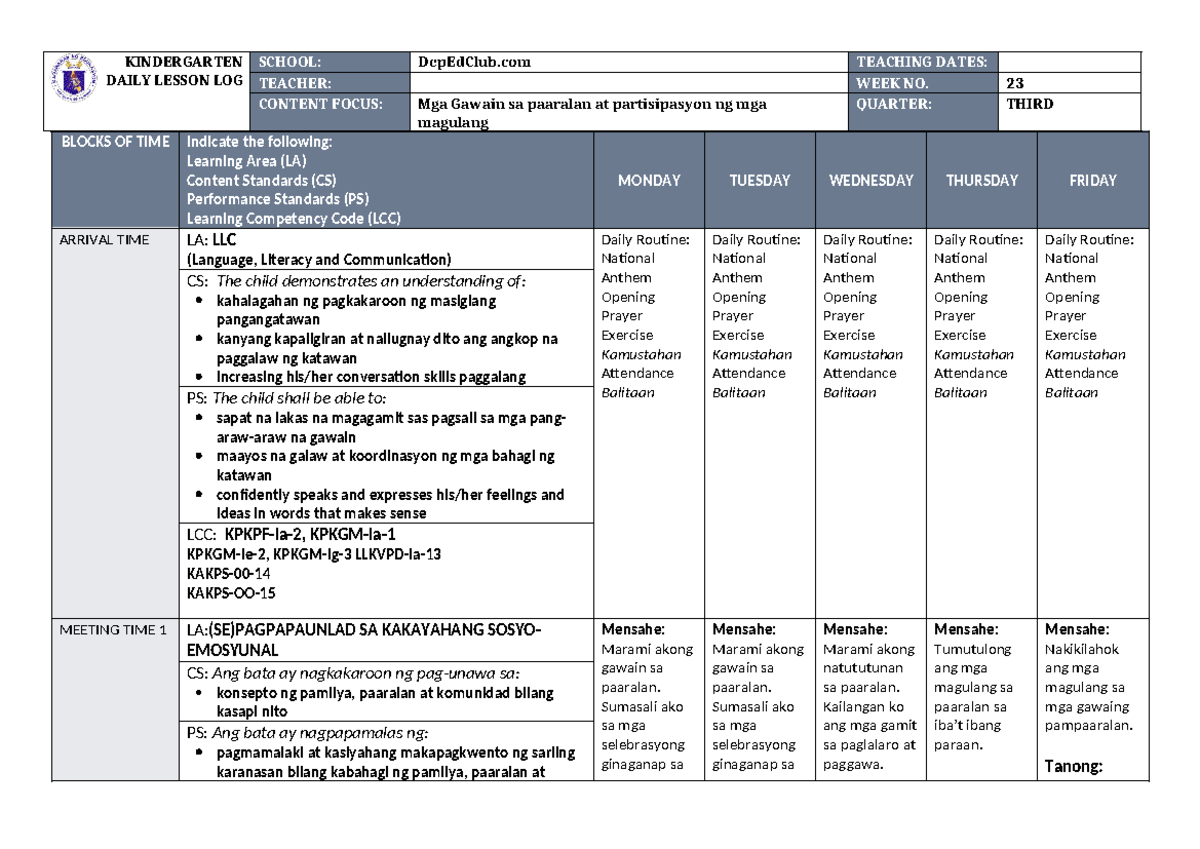 Copy of DLL Kinder Q3 W3 - KINDERGARTEN DAILY LESSON LOG SCHOOL ...