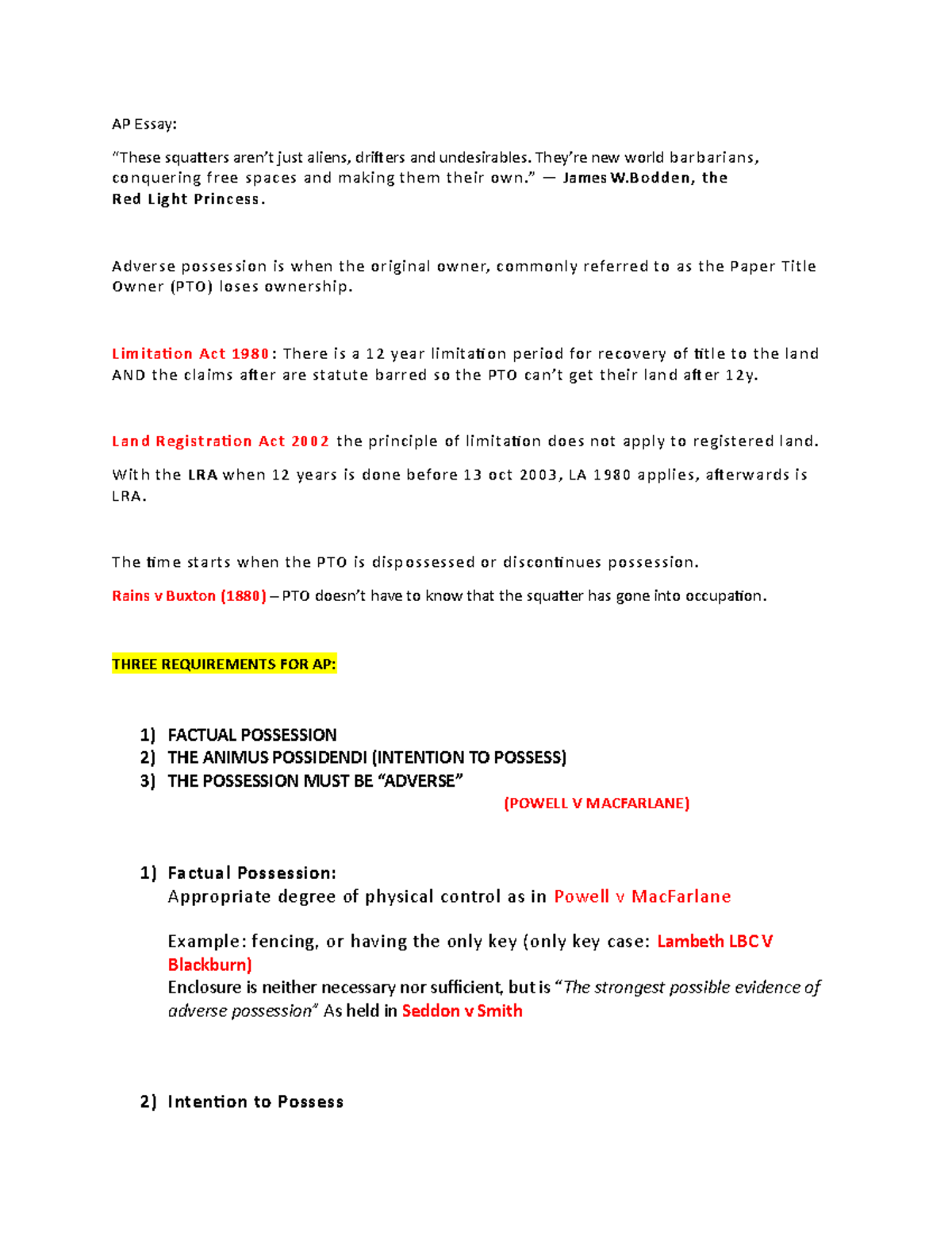 Adverse Possession Essay Notes - AP Essay: “These squatters aren’t just ...