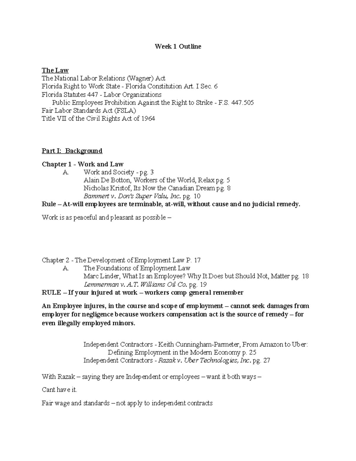 Employment Law outline - Week 1 Outline The Law The National Labor ...