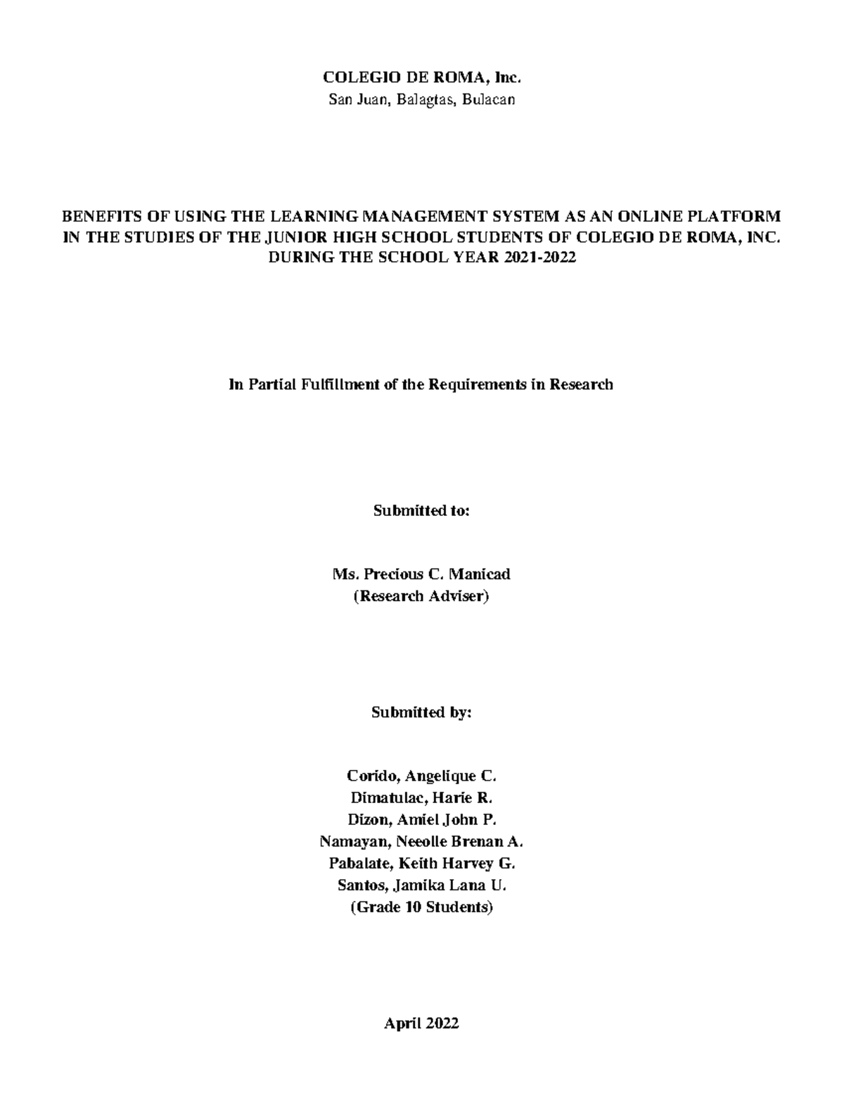 Group 1 Research Paper - COLEGIO DE ROMA, Inc. San Juan, Balagtas ...