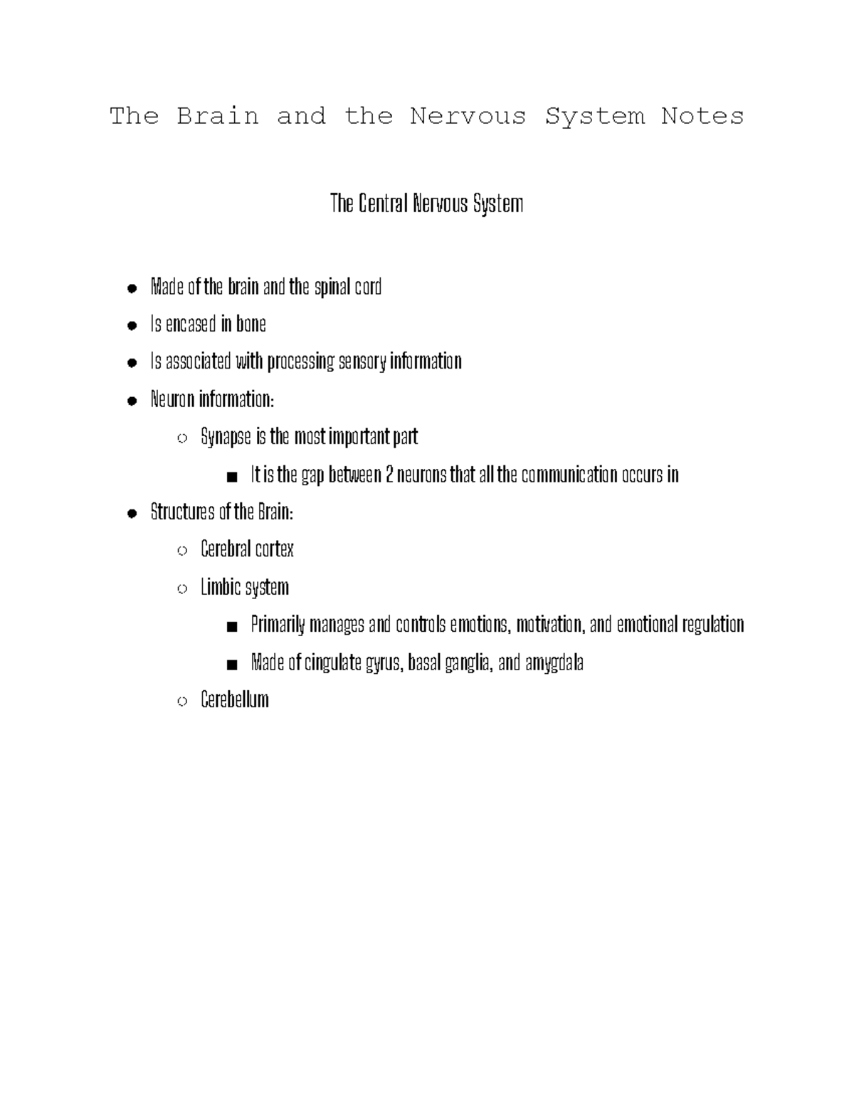 The Brain and the Nervous System Notes - Studocu