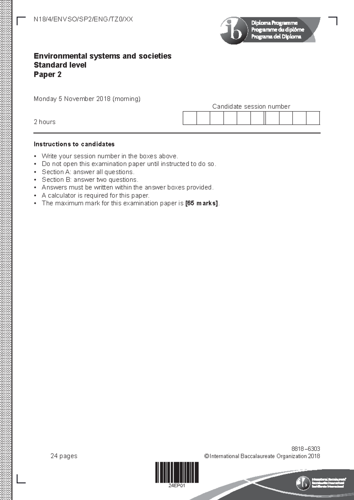 2018 nov Environmental systems and societies paper 2 SL - Candidate ...