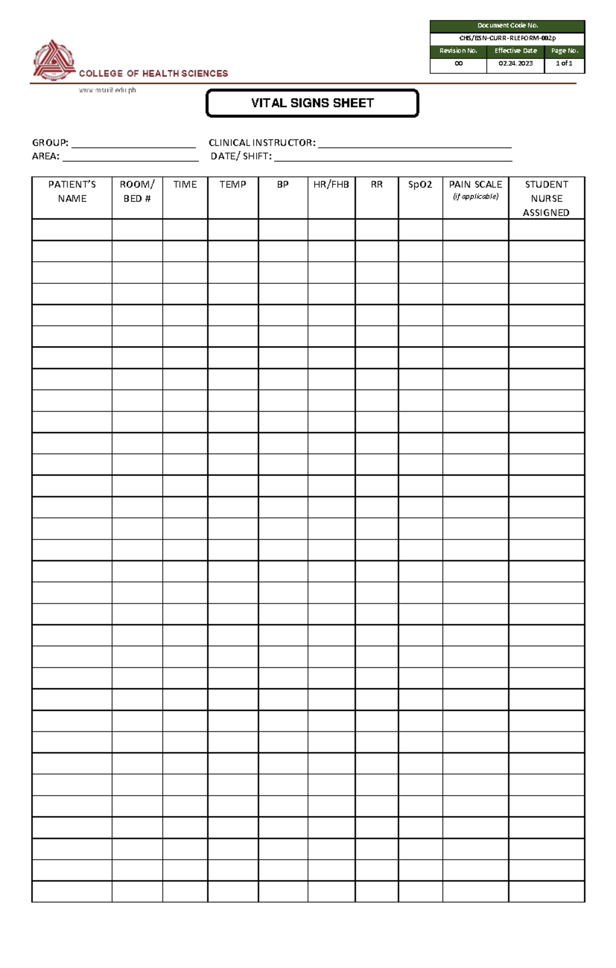 002p Vitals Signs Sheet - BSN- Nursing - Document Code No. CHS/BSN-CURR ...