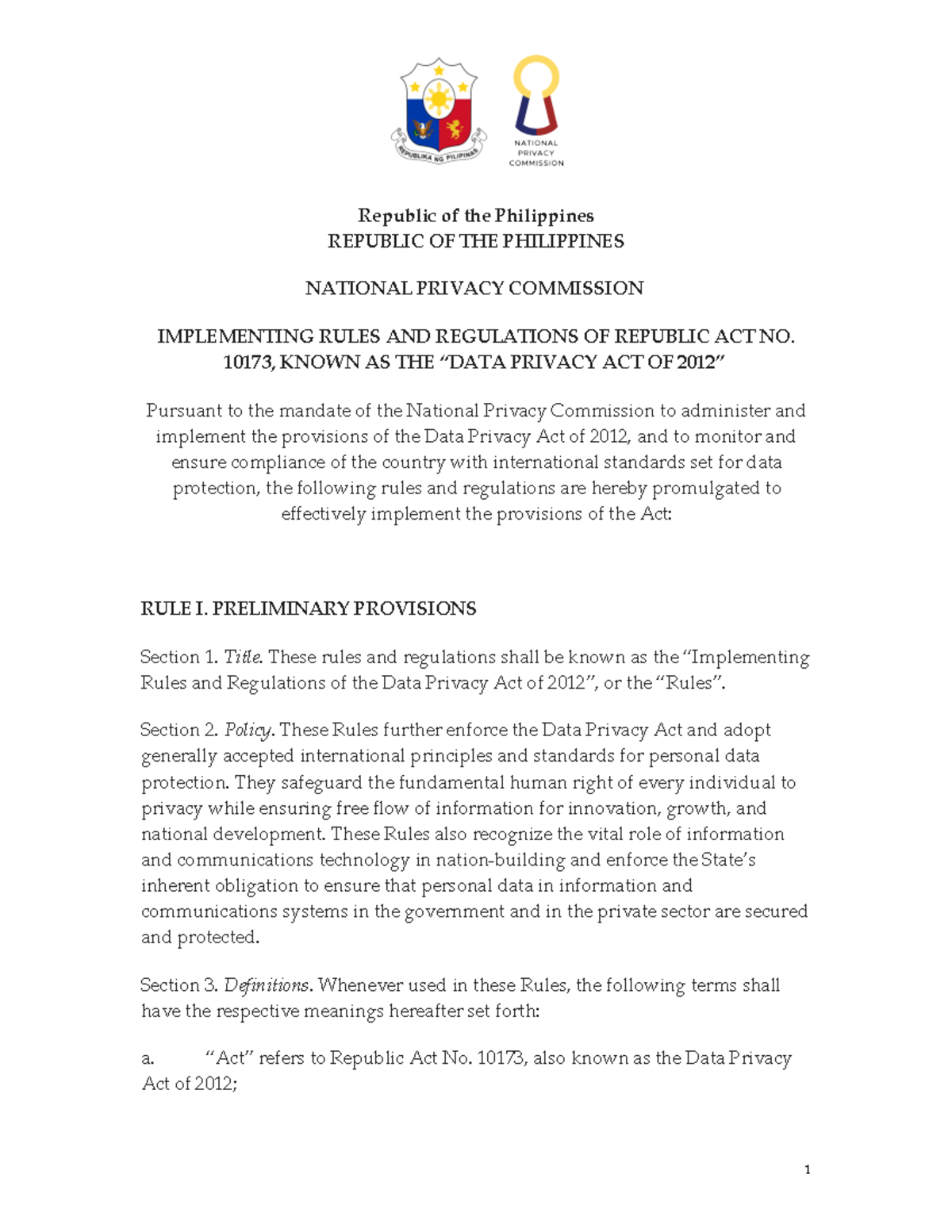 IRR of the DPA - IMPLEMENTING RULES AND REGULATIONS OF REPUBLIC ACT NO ...