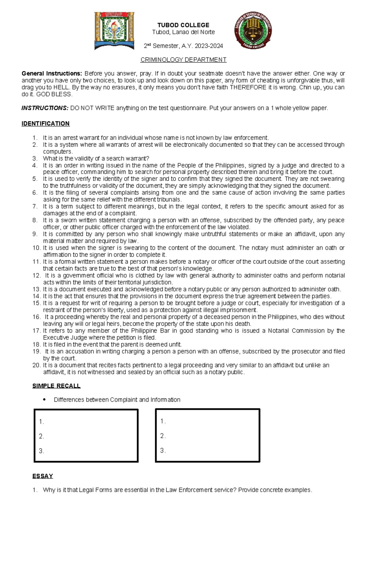 Tubod College - 1234 - TUBOD COLLEGE Tubod, Lanao del Norte 2 nd ...
