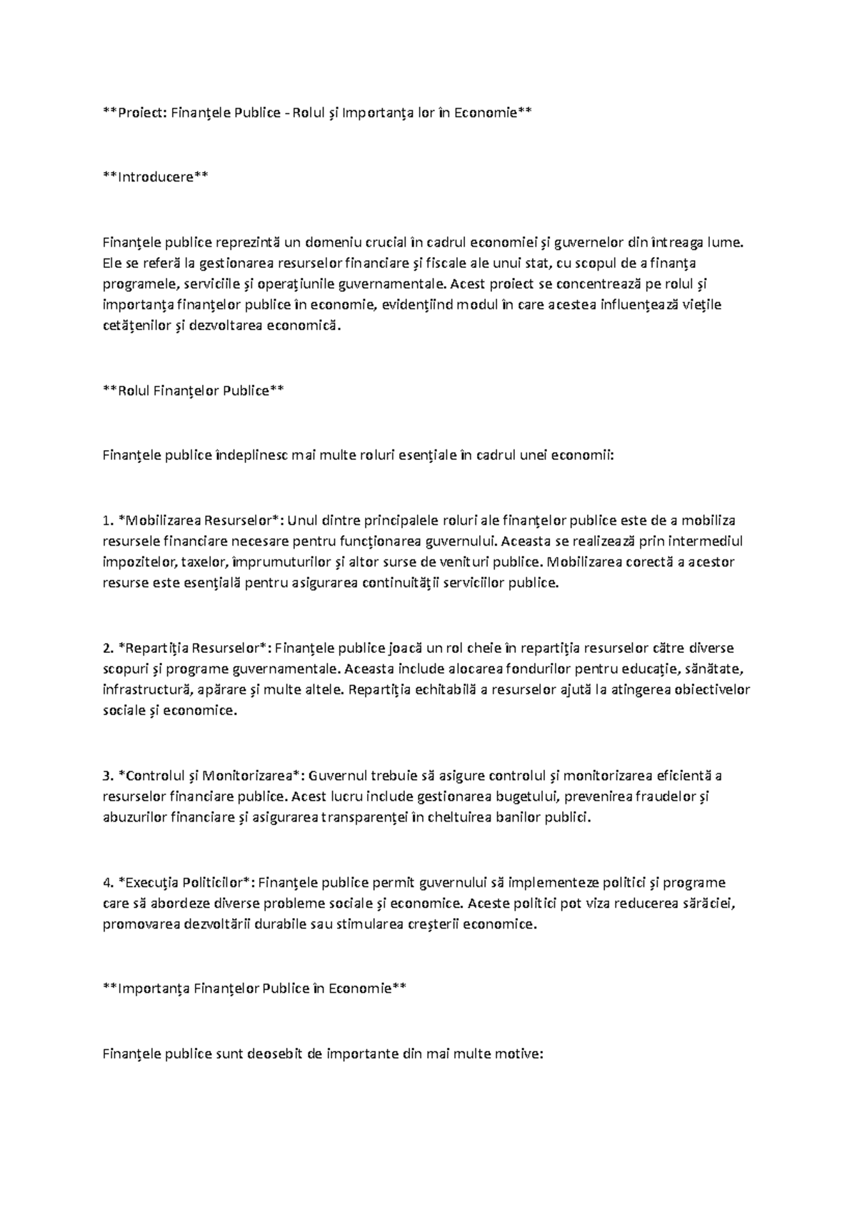 Proiect finante - Proiect: Finanțele Publice - Rolul și Importanța lor ...