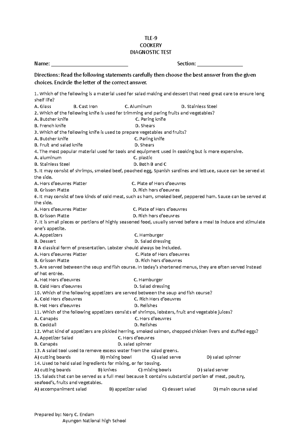 Cookery 9 diagnostic test - TLE- COOKERY DIAGNOSTIC TEST Name