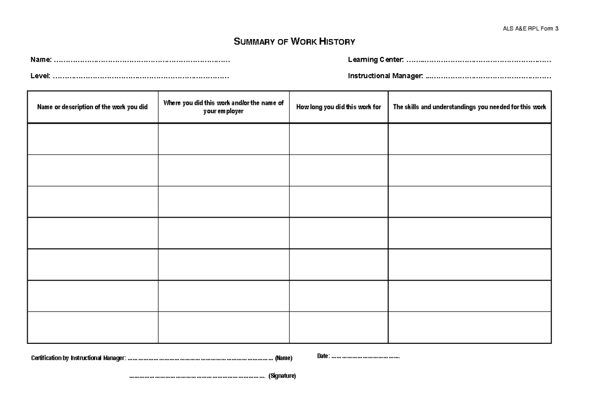 RPL3 Summary of Work History revised - ALS A&E RPL Form 3 SUMMARY OF ...