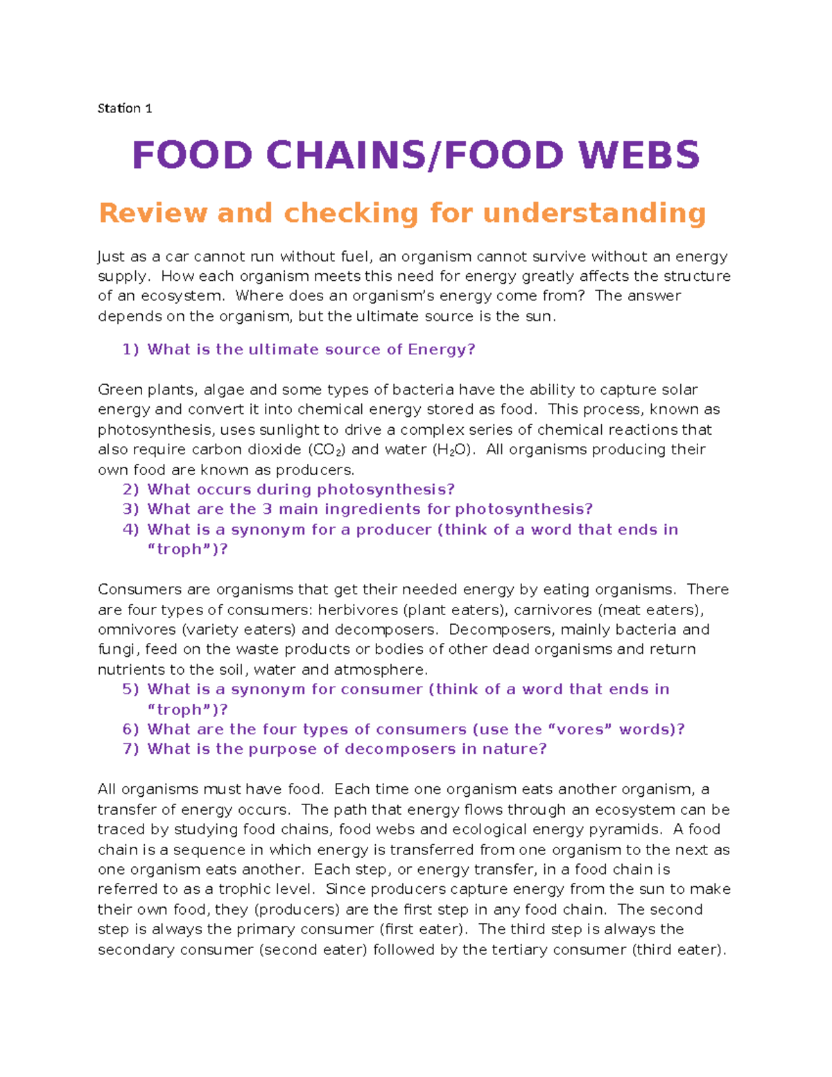 Ecology Stations - Station 1 FOOD CHAINS/FOOD WEBS Review and checking ...
