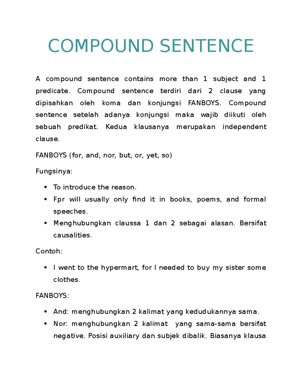 Compound Sentence - Ringkasan materi - COMPOUND SENTENCE A compound ...