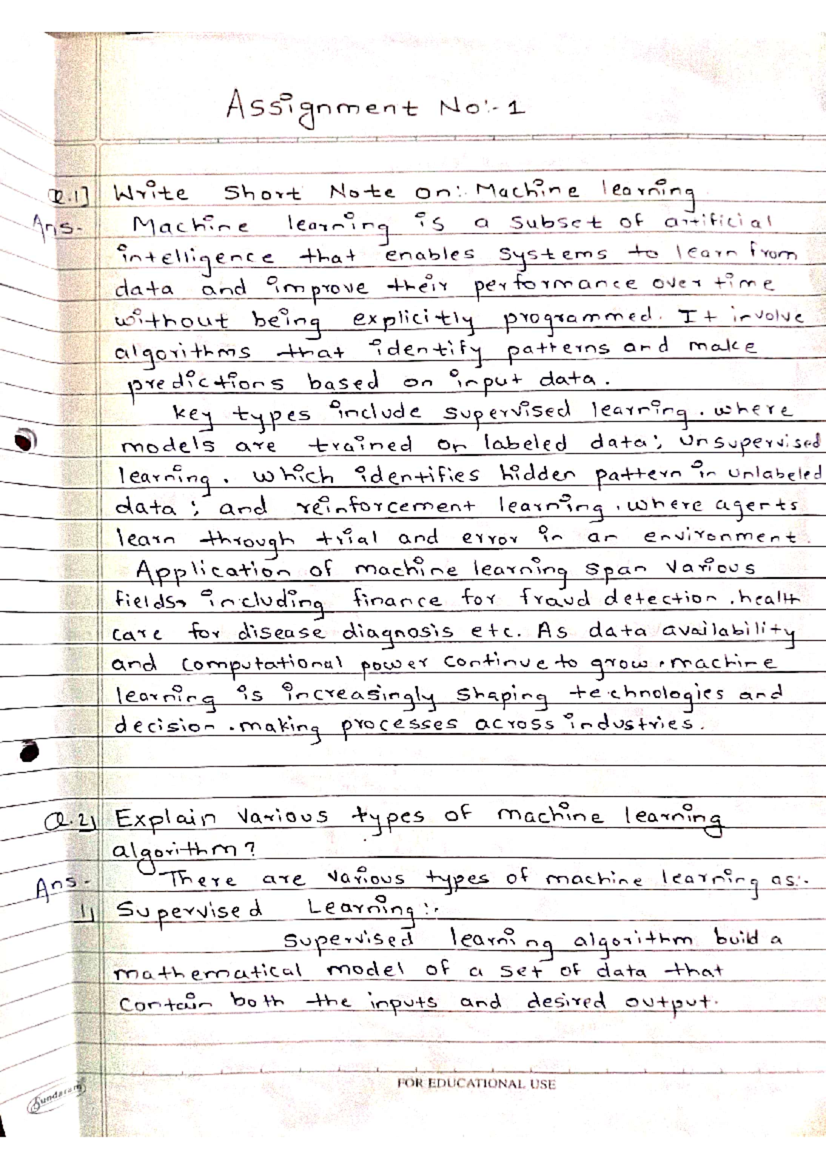 ML 1 - machine learning notes - Assignment 1 Write Short Note on ...