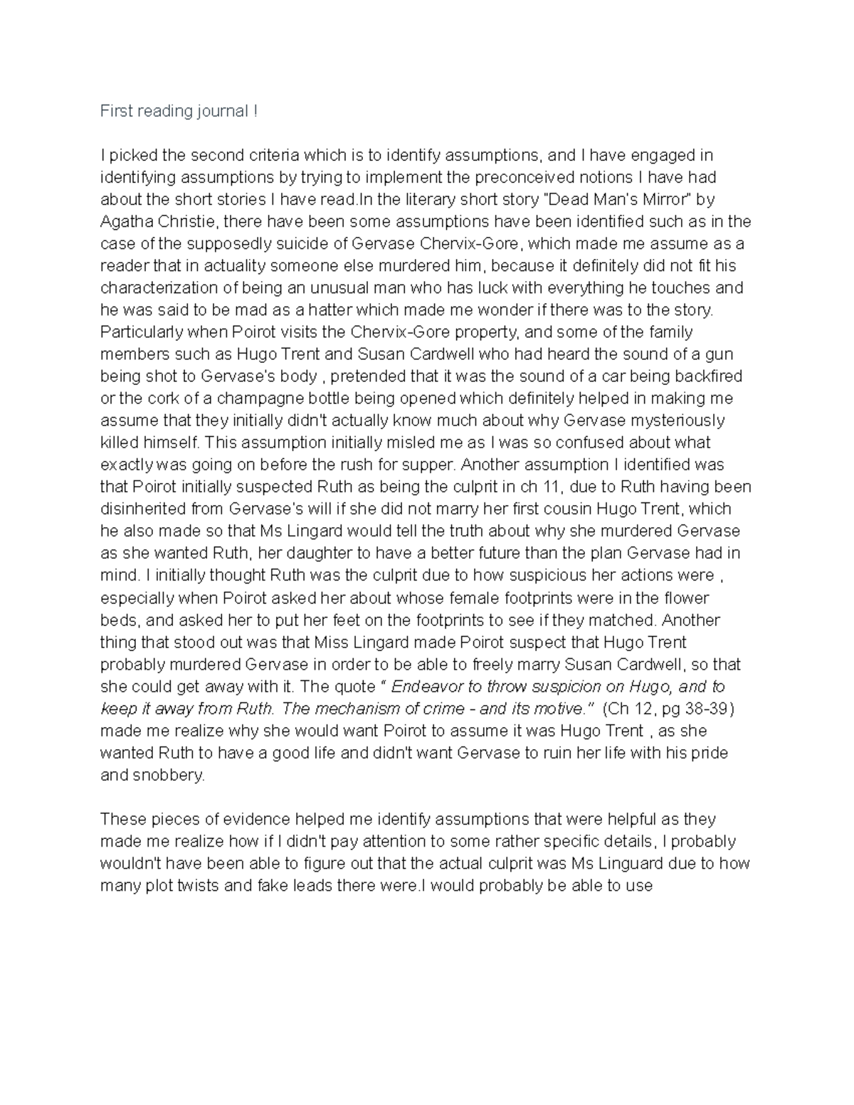 First Reading journal - assignment - First reading journal! I picked ...