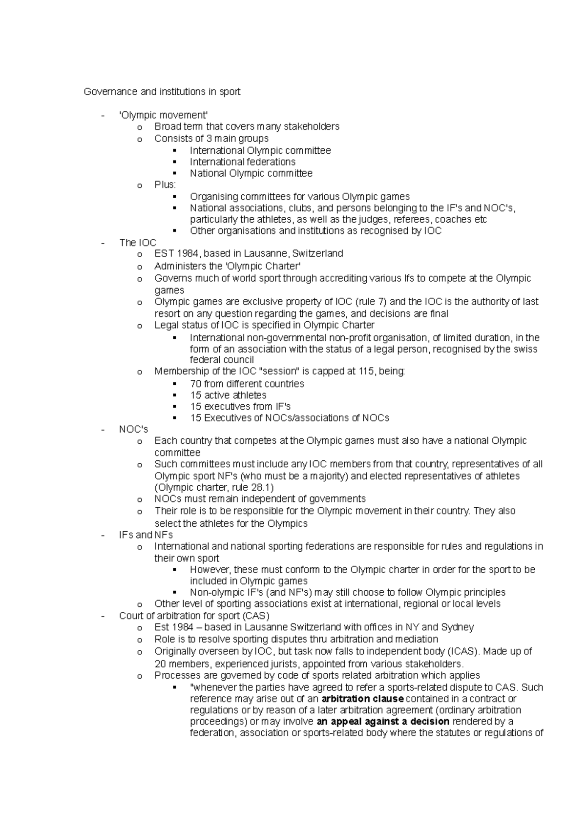 Week 1 - Sports Law - Lecture notes for week 1 - Governance and ...