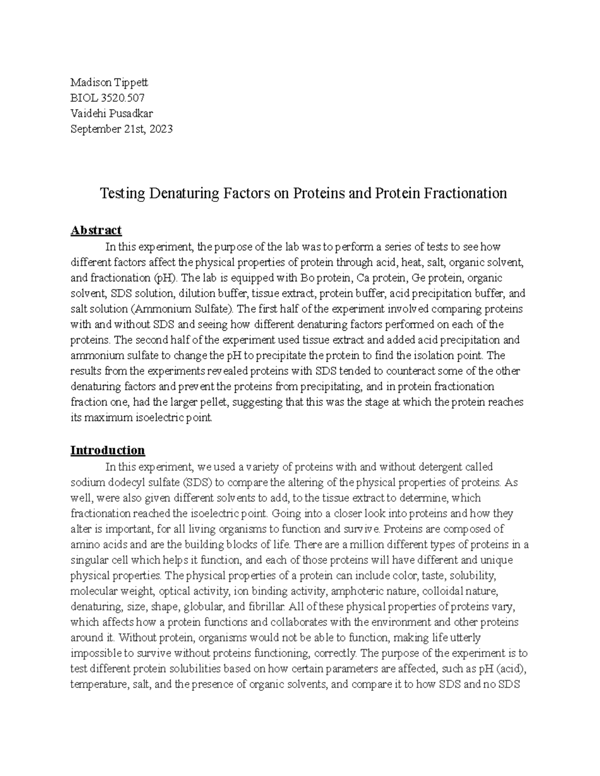 Cell Lab report 1 - Physical properties of proteins experiment ...