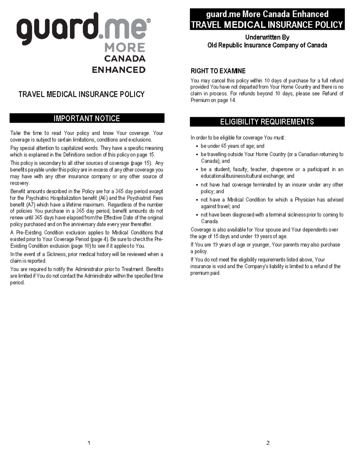 Guard - Ggg - TRAVEL MEDICAL INSURANCE POLICY IMPORTANT NOTICE Take the ...
