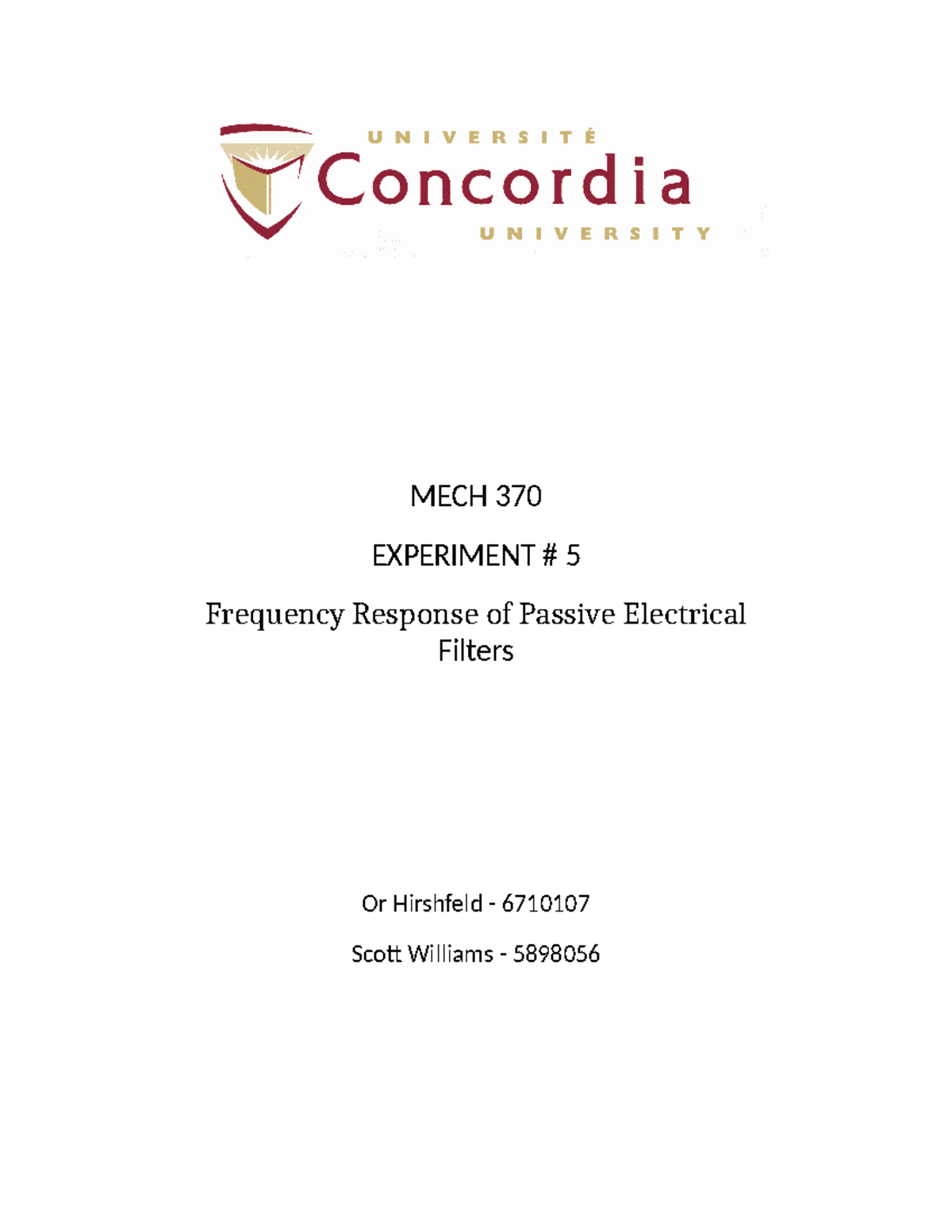 MECH370 Lab 5 - final report of lab 5 - MECH 370 EXPERIMENT # 5 ...