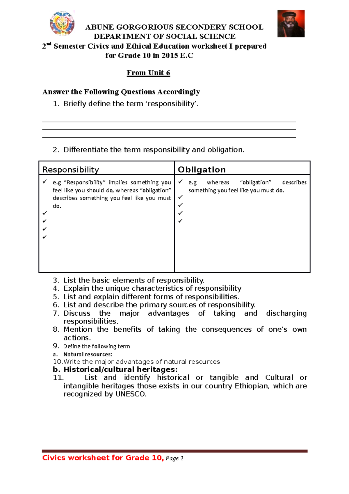 Grade 10 Worksheet - ABUNE GORGORIOUS SECONDERY SCHOOL DEPARTMENT OF ...