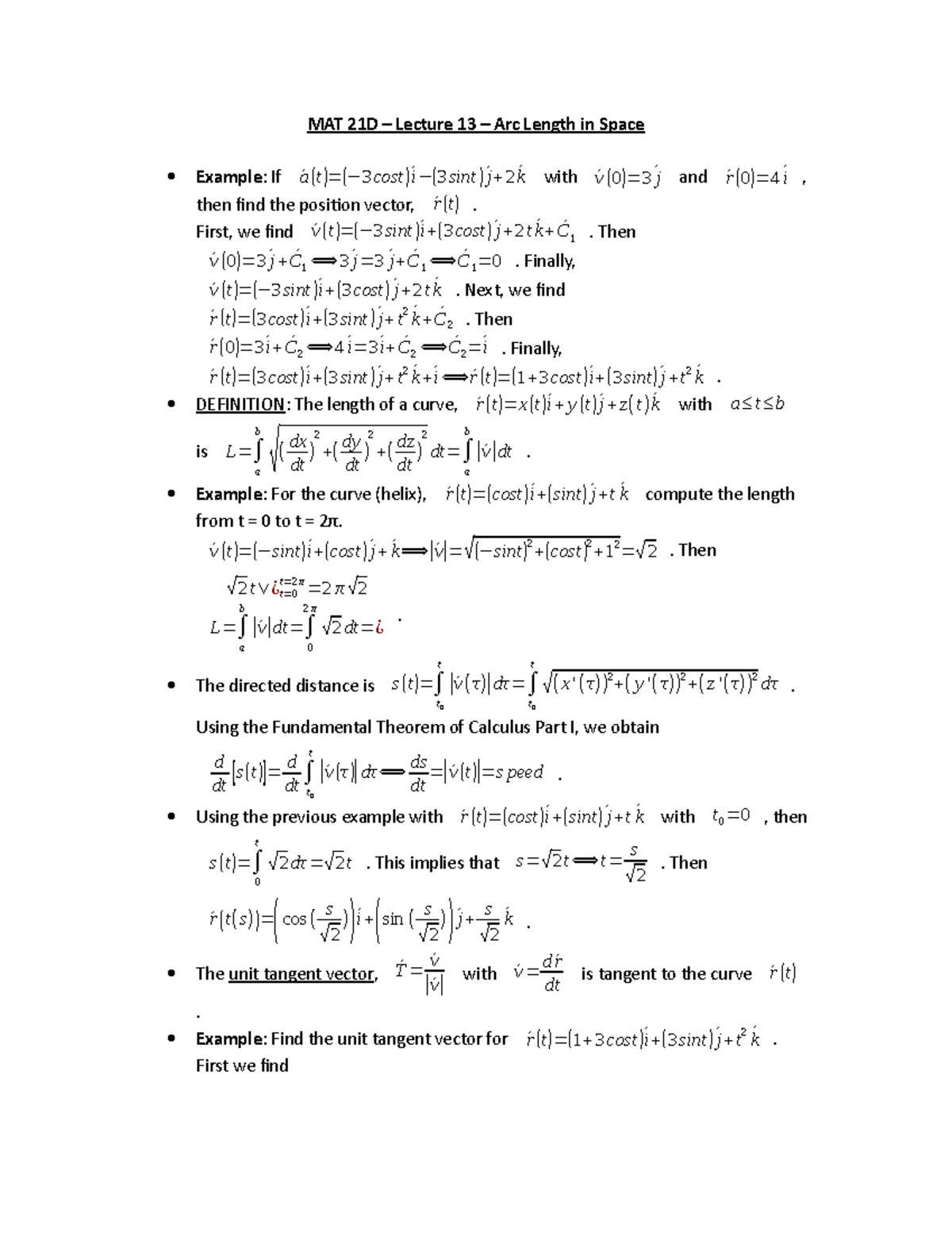 MAT 21D – Lecture 13 – Arc Length in Space - MAT 21D – Lecture 13 – Arc Length in Space Example ...