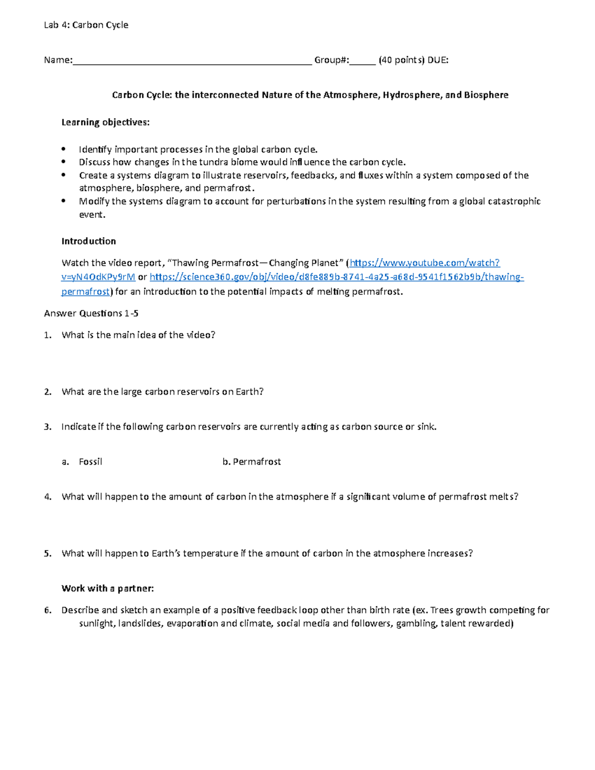 Lab 4 Carbon Cycle - This Lab is for biology 101 or 112. - Lab 4 ...