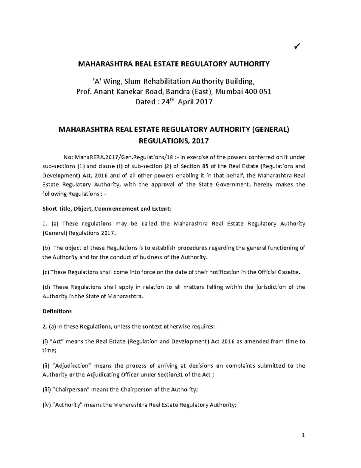 Maha RERA General Regulations - MAHARASHTRA REAL ESTATE REGULATORY ...